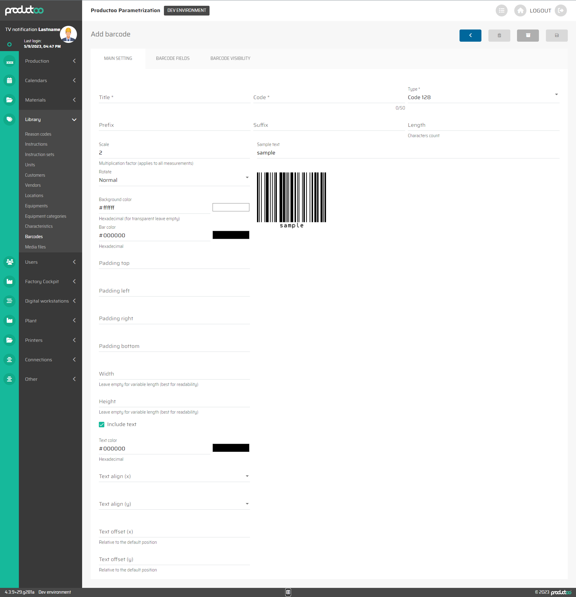 Main setting - Barcodes